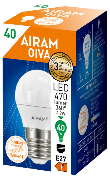 LED P45 830 470lm E27 OIVA OP – Airam.fi | Airam