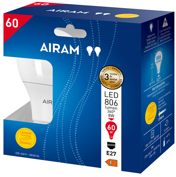 LED A60 827 806lm E27 OP 2BX – Airam.fi | Airam