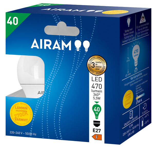 LED P45 827 470lm E27 OP 2BX – Airam.fi | Airam