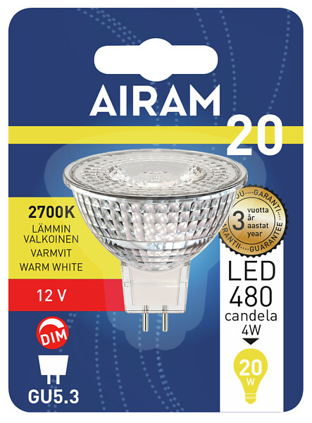 LED FG MR16 827 260lm GU5.3 12V DIM – Airam.fi | Airam