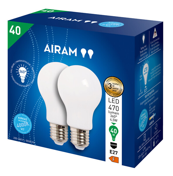 LED FG A60 840 470lm E27 OP 2BX – Airam.fi | Airam