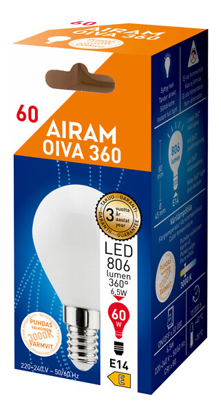 LED P45 830 806lm E14 360 OIVA OP – Airam.fi | Airam
