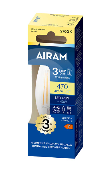 LED C35 827 470lm E14 FIL 3ST DIM – Airam.fi | Airam