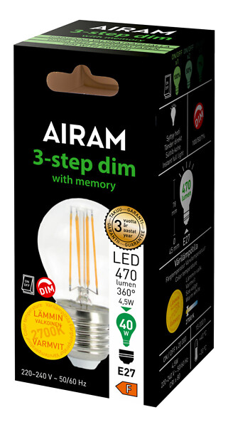 LED P45 827 470lm E27 FIL 3ST DIM – Airam.fi | Airam