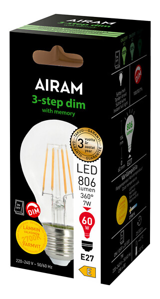 LED A60 827 806lm E27 FIL 3ST DIM – Airam.fi | Airam