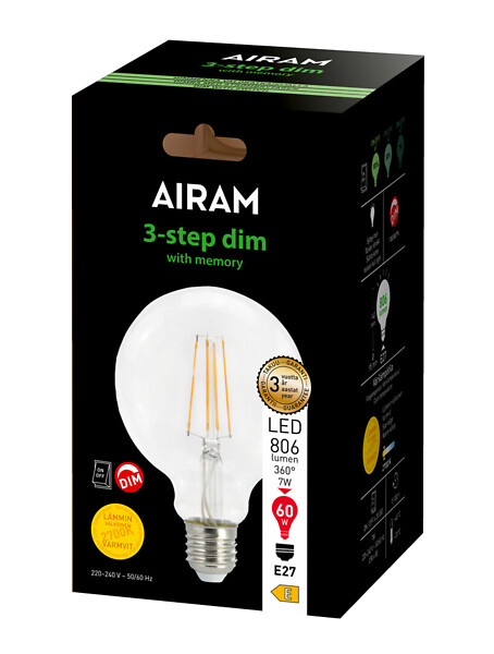 LED G95 827 806lm E27 FIL 3ST DIM – Airam.fi | Airam