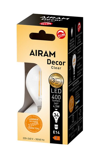 LED DECFG P45 822 400lm E14 FIL DIM – Airam.fi | Airam