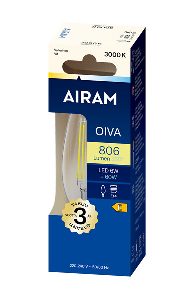 LED C35 830 806lm E14 OIVA CL – Airam.fi | Airam